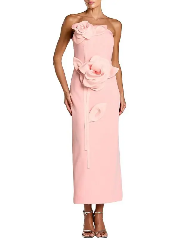 Mac Duggal Strapless Crepe Gown With 3d Satin Flowers - Blush