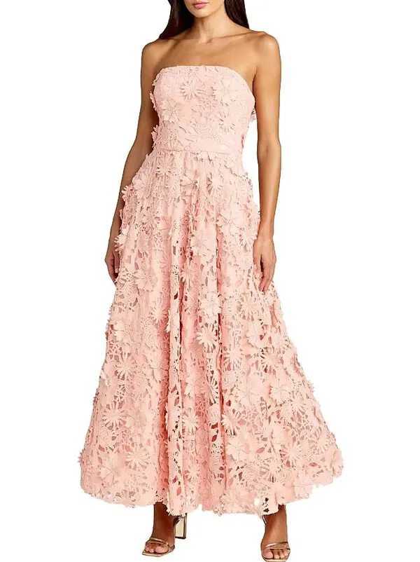 Mac Duggal Floral Lace Strapless A-line Midi Dress - Blush
