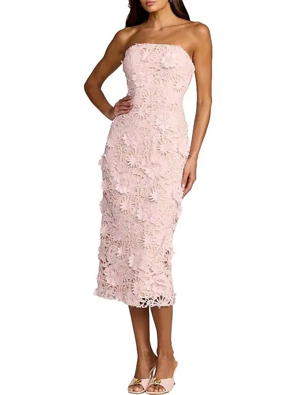 Mac Duggal Strapless Lace Floral Fitted Midi Dress - Blush