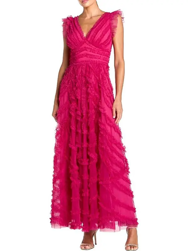 Mac Duggal V-neck Ruffle Maxi Gown - Fuchsia
