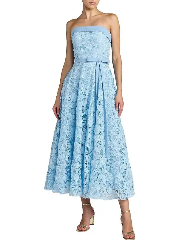 Mac Duggal Embroidered Lace Strapless Midi Dress With Bow - Powder Blue