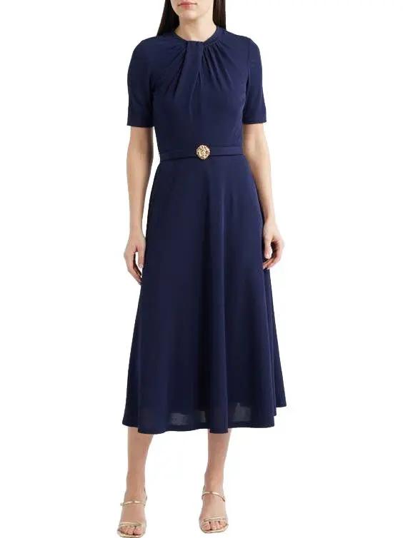 Anne Klein Twist Neck Belted Midi Dress - Deep Navy