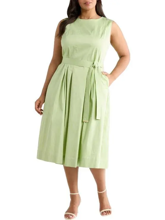 Anne Klein Tie Waist Sleeveless Stretch Poplin Maxi Dress - Cool Sage