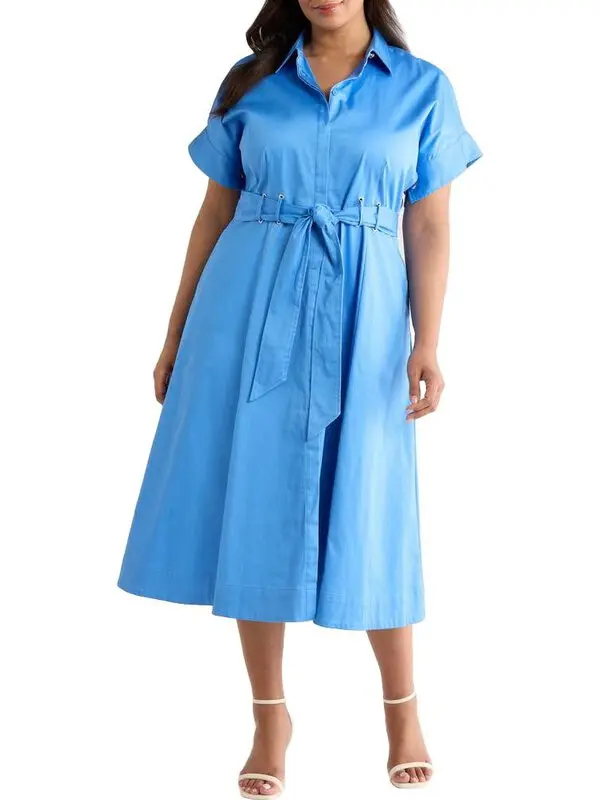 Anne Klein Grommet Detail Belted Stretch Cotton Shirtdress - Seaport