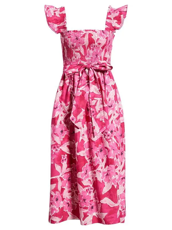 Anne Klein Smocked Ruffle Midi Dress - Vibrant Pink Multi