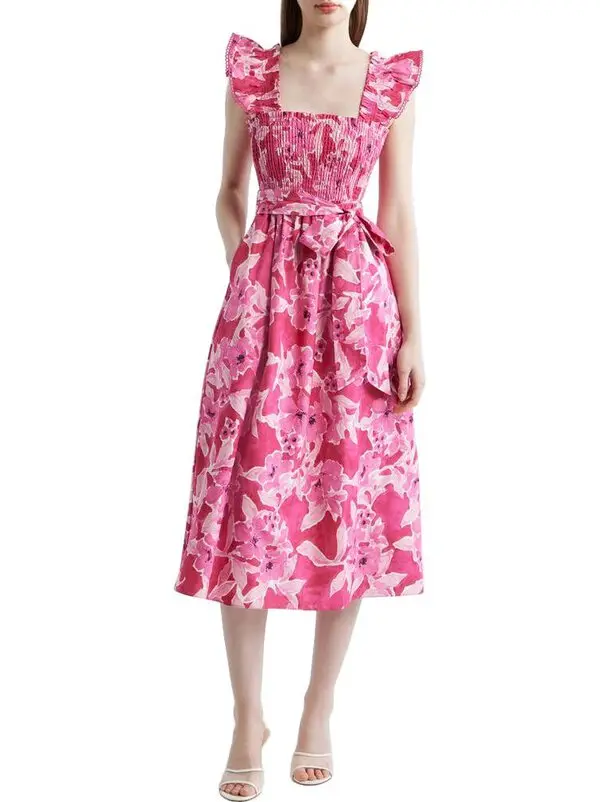 Anne Klein Smocked Ruffle Midi Dress - Vibrant Pink Multi