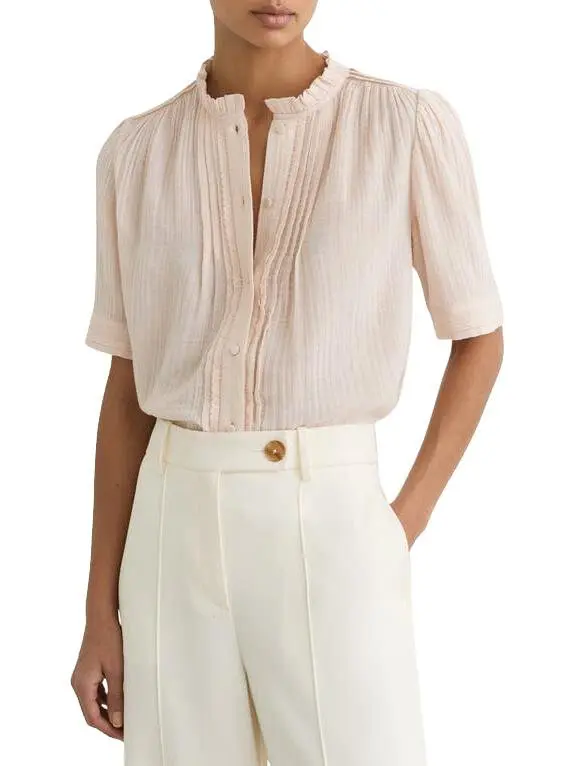 REISS Cotton Gauze Pintuck Pleat Button-up Shirt - Pale Pink