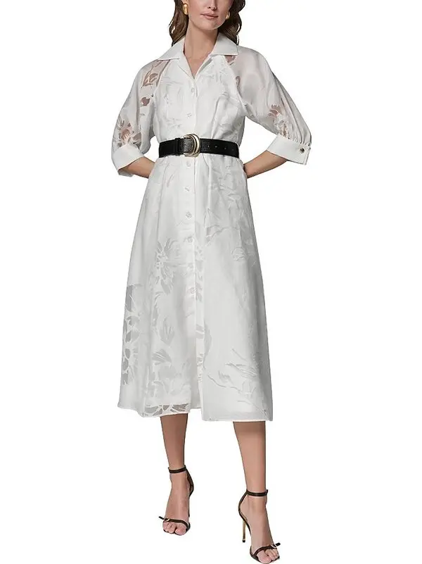 Donna Karan New York Burnout Jacquard Collared Midi Shirt Dress - Cream