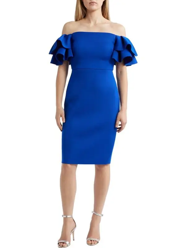 Eliza J Ruffle Sleeve Off The Shoulder Cocktail Dress - Cobalt