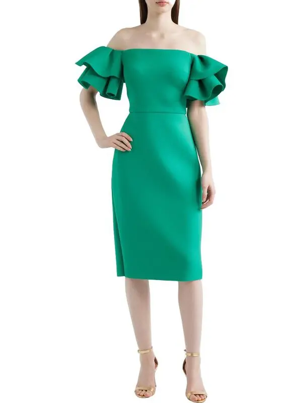 Eliza J Off-the-shoulder Cocktail Dress With Ruffle Sleeves - Green