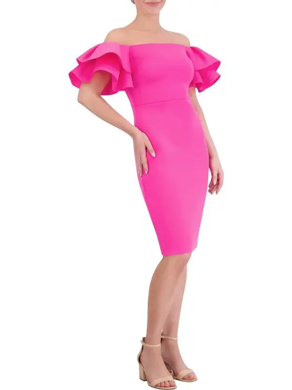 Eliza J Ruffle Sleeve Off The Shoulder Cocktail Dress - Hot Pink