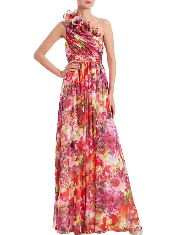 Badgley Mischka One Shoulder Ruffled Gown - Pink Multi