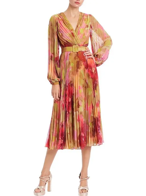 Badgley Mischka Pleated Floral Wrap Midi Dress - Pink Multi