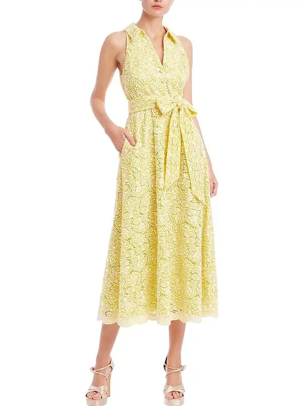 Badgley Mischka Eyelet Lace Halter Midi Dress - Yellow