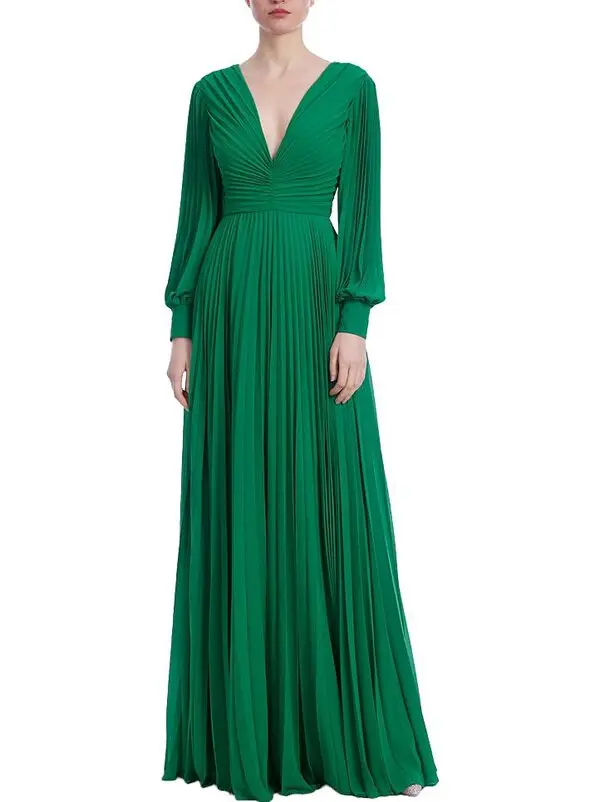 Badgley Mischka Sunburst Pleated Long Sleeved Gown - Kelly Green