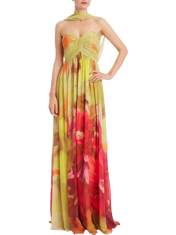 Badgley Mischka Strapless Floral Scarf Gown - Pink Multi