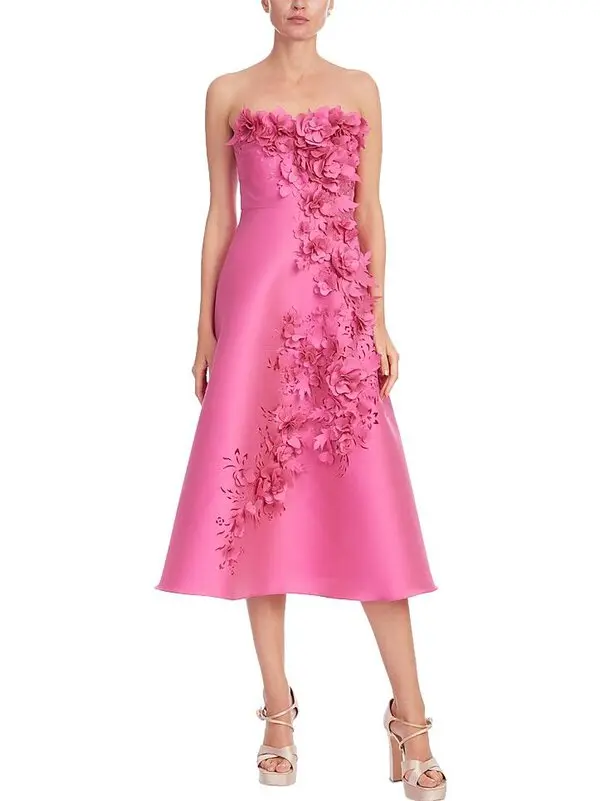 Badgley Mischka Strapless 3d Floral Gazar Midi Dress - Magenta