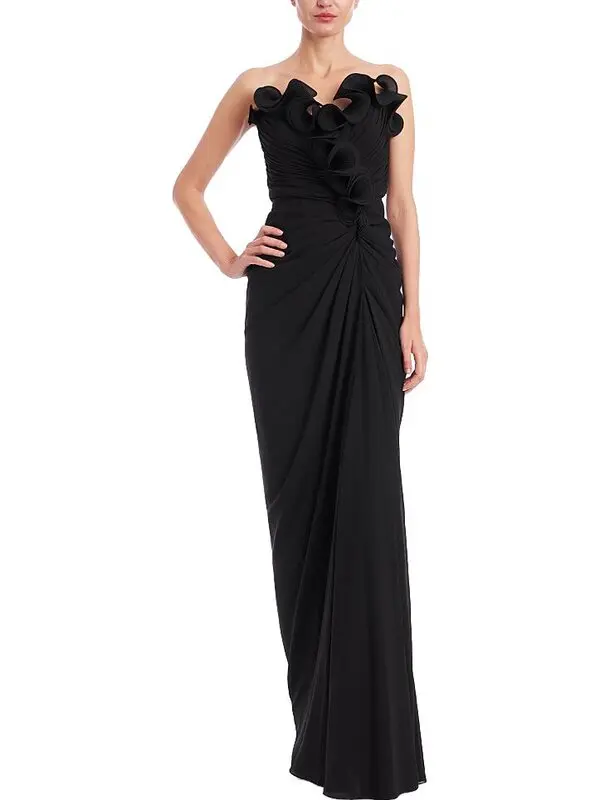 Badgley Mischka Pleated Ruffle Strapless Gown - Black