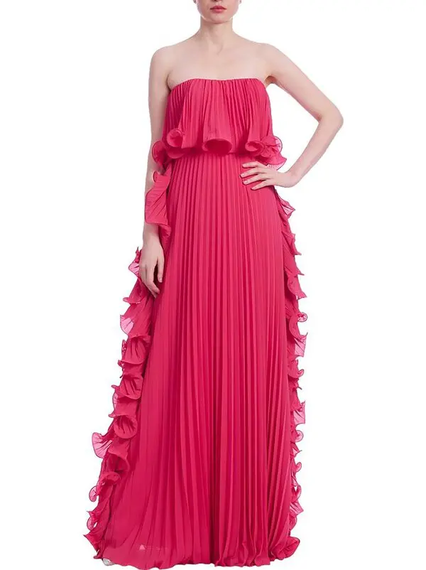 Badgley Mischka Strapless Ruffled Pleated Gown - Strawberry