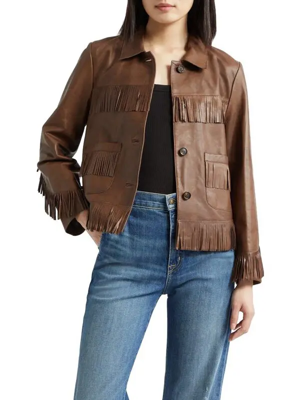 NILI LOTAN Lazare Fringe Leather Jacket - Dark Brown
