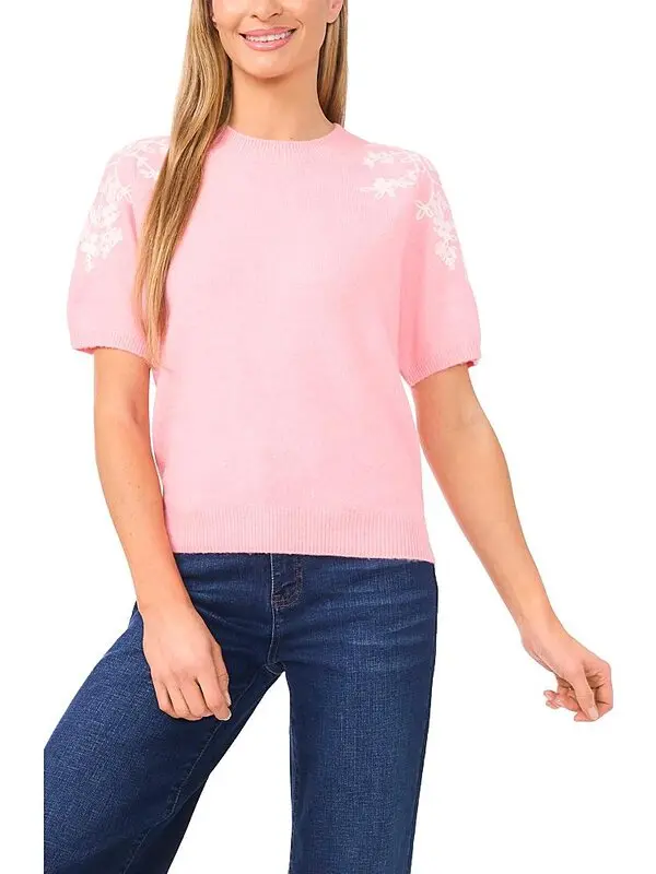 CECE DUPRAZ Embroidered Short Sleeve Sweater - Prism Pink