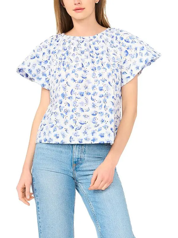 CECE DUPRAZ Printed Eyelet Short Sleeve Top - Bellflower Blue