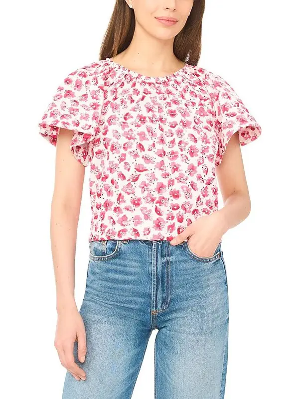 CECE DUPRAZ Printed Eyelet Short Sleeve Top - Rose Cerise