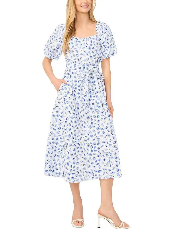CECE DUPRAZ Floral Eyelet Puff Sleeve Midi Dress - Bellflower Blue