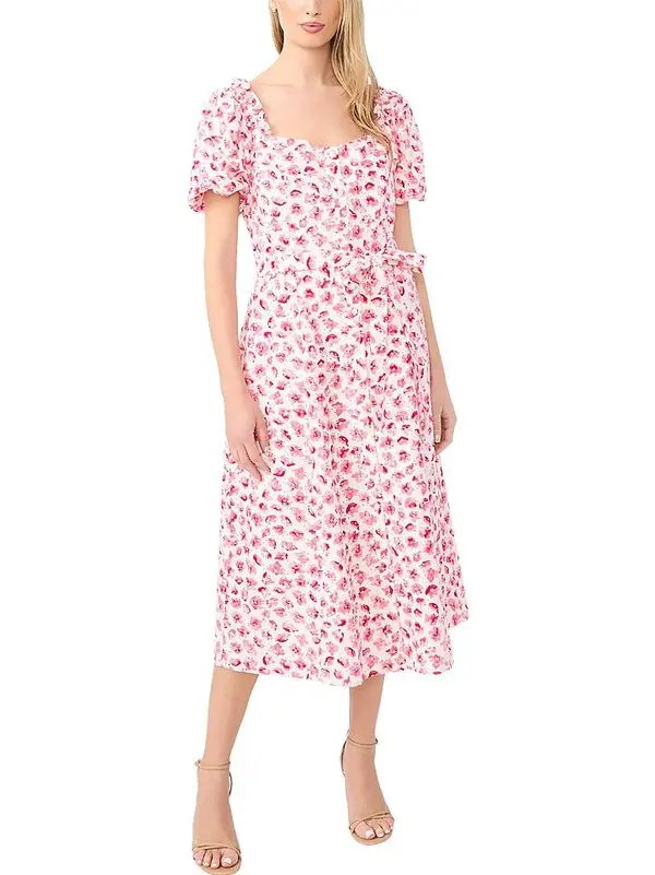 CECE DUPRAZ Floral Eyelet Puff Sleeve Midi Dress - Rose Cerise