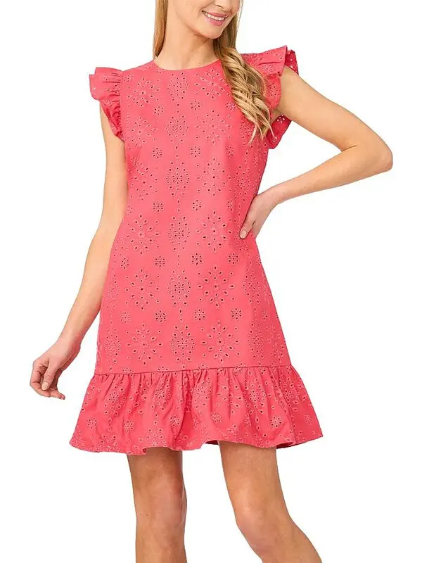 CECE DUPRAZ Flutter Sleeve Eyelet Mini Dress - Claret Red