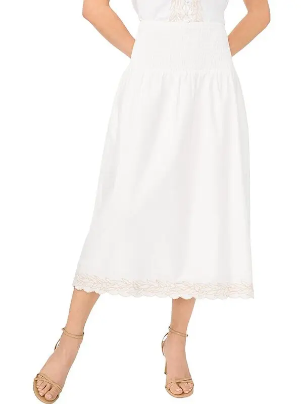 CECE DUPRAZ Embroidered Midi Skirt With Smocked Waist - Ultra White