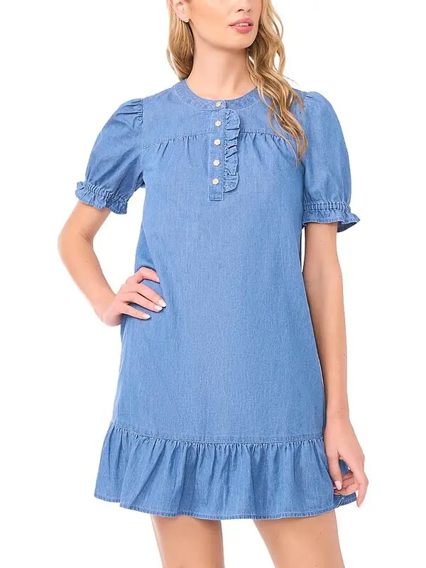 CECE DUPRAZ Denim Ruffle Trapeze Dress - Light Indigo