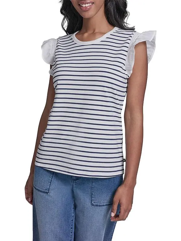 Karl Lagerfeld Paris Striped Ruffled Top - Soft White/ Navy