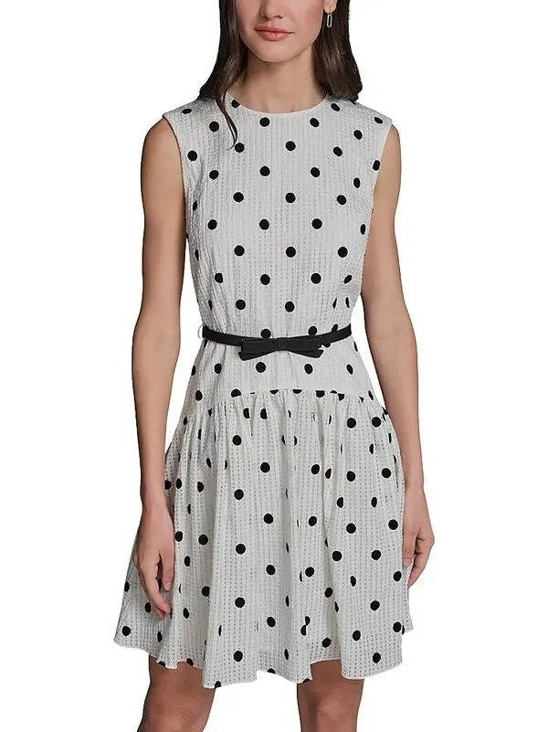 Karl Lagerfeld Paris Polka Dot Seersucker A-line Dress - Soft White/ Black