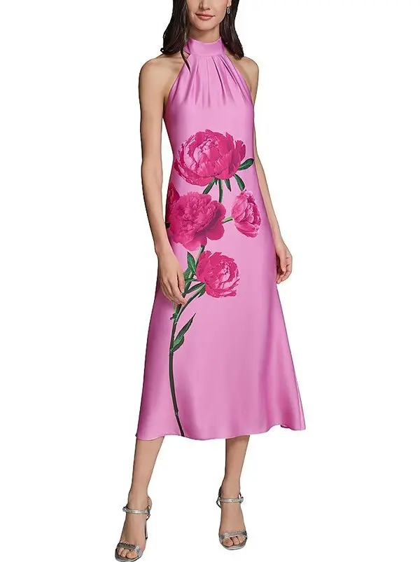 Karl Lagerfeld Paris Floral Print Satin Crepe Halter Midi Dress - Fuchsia Combo