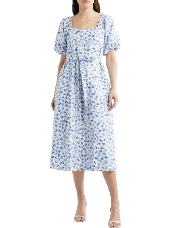 CECE DUPRAZ Floral Puff Sleeve Cotton Midi Dress - Bellflower Blue