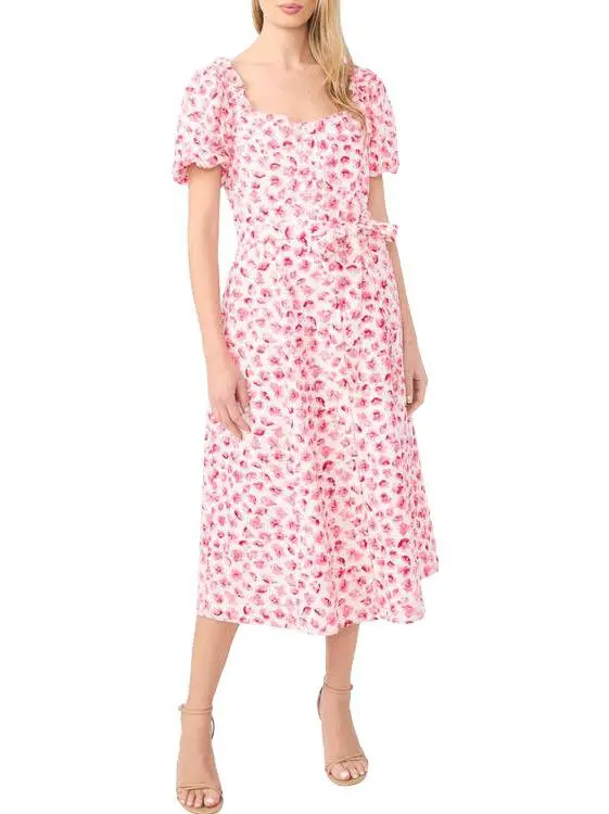 CECE DUPRAZ Floral Puff Sleeve Cotton Midi Dress - Rose Cerise