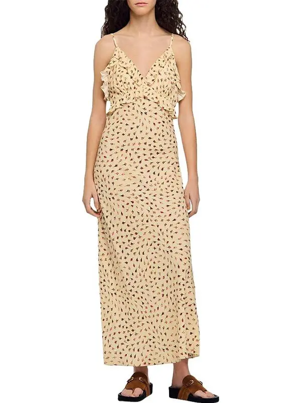 Sandro Soleane Flower Print Ruffle Maxi Dress - Butter Pi