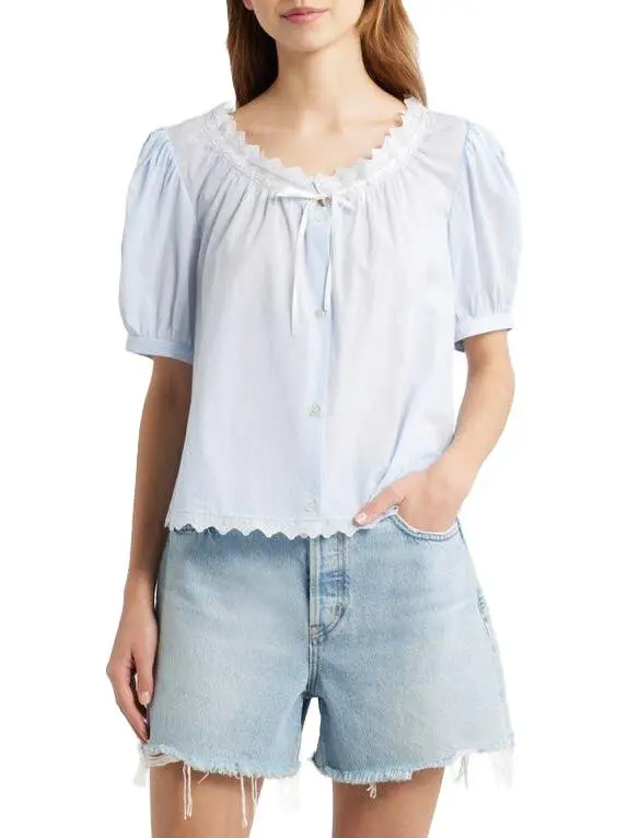 FRAME The Serene Eyelet Trim Cotton Top - Powder Blue Multi