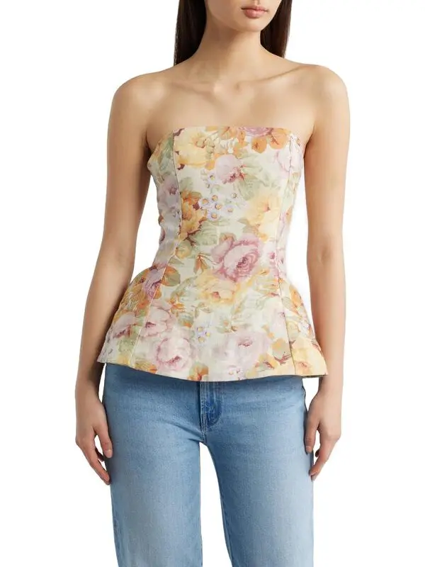 Faithfull The Brand Petro Floral Strapless Peplum Top - Giardino