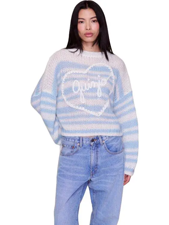 GUIZIO Mohair Alpaca Blend Heart Sweater - Blue And White Stripes