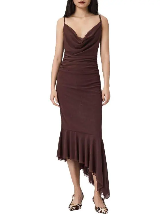 ALLSAINTS Bea Asymmetric Hem Mesh Midi Dress - Bitter Brown