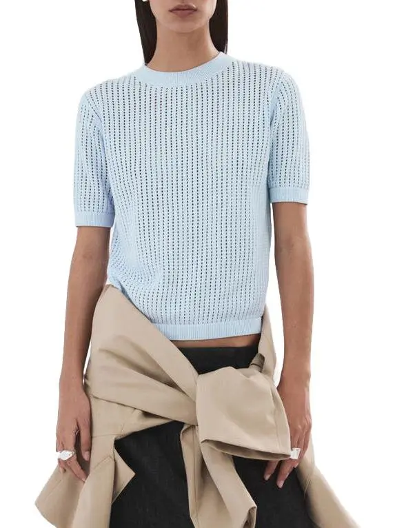 Mango Pera Open Stitch Crewneck Sweater - Sky Blue