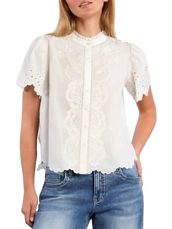 WASH LAB DENIM Lace Trim Cotton Blend Top - Snow White