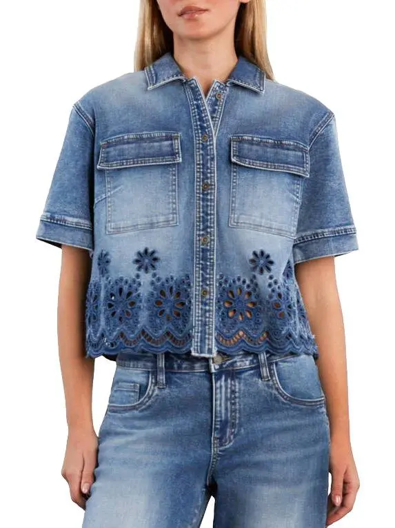 WASH LAB DENIM Petal Eyelet Denim Button-up Shirt - Relaxed Blue