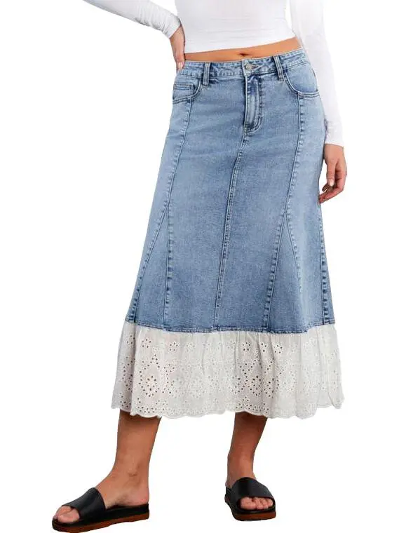 WASH LAB DENIM Eyelet Trim Denim Maxi Skirt - Denim Storm