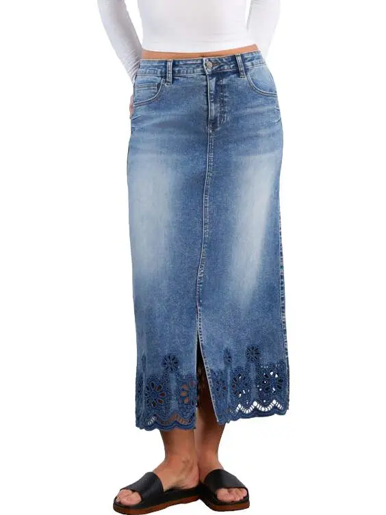 WASH LAB DENIM Eyelet Maxi Denim Skirt - Relaxed Blue