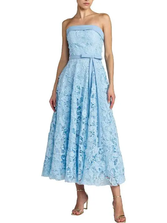 Mac Duggal Embroidered Lace Strapless Midi Dress - Powder Blue