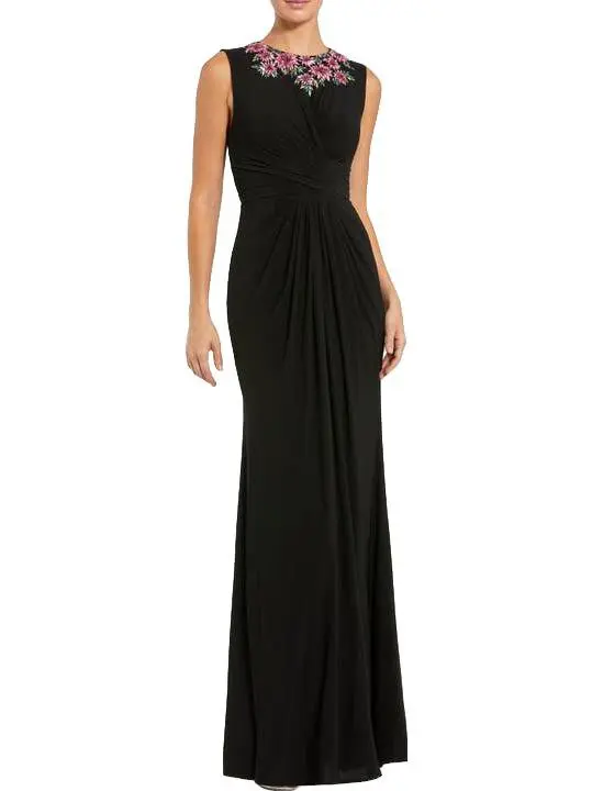 Mac Duggal Jersey Twist Gown With Beaded Shoulders - Black Multi