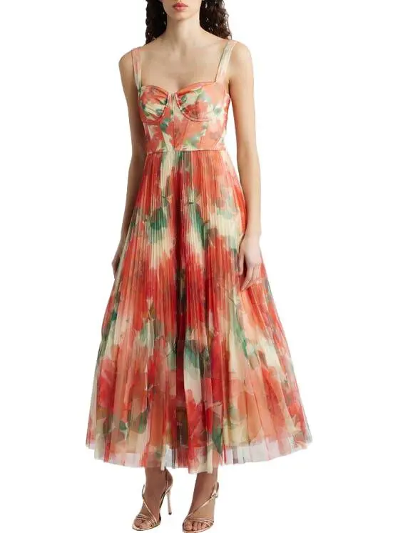 HUTCH Macclare Floral Micropleat Gown - Ivory/coral Watercolor